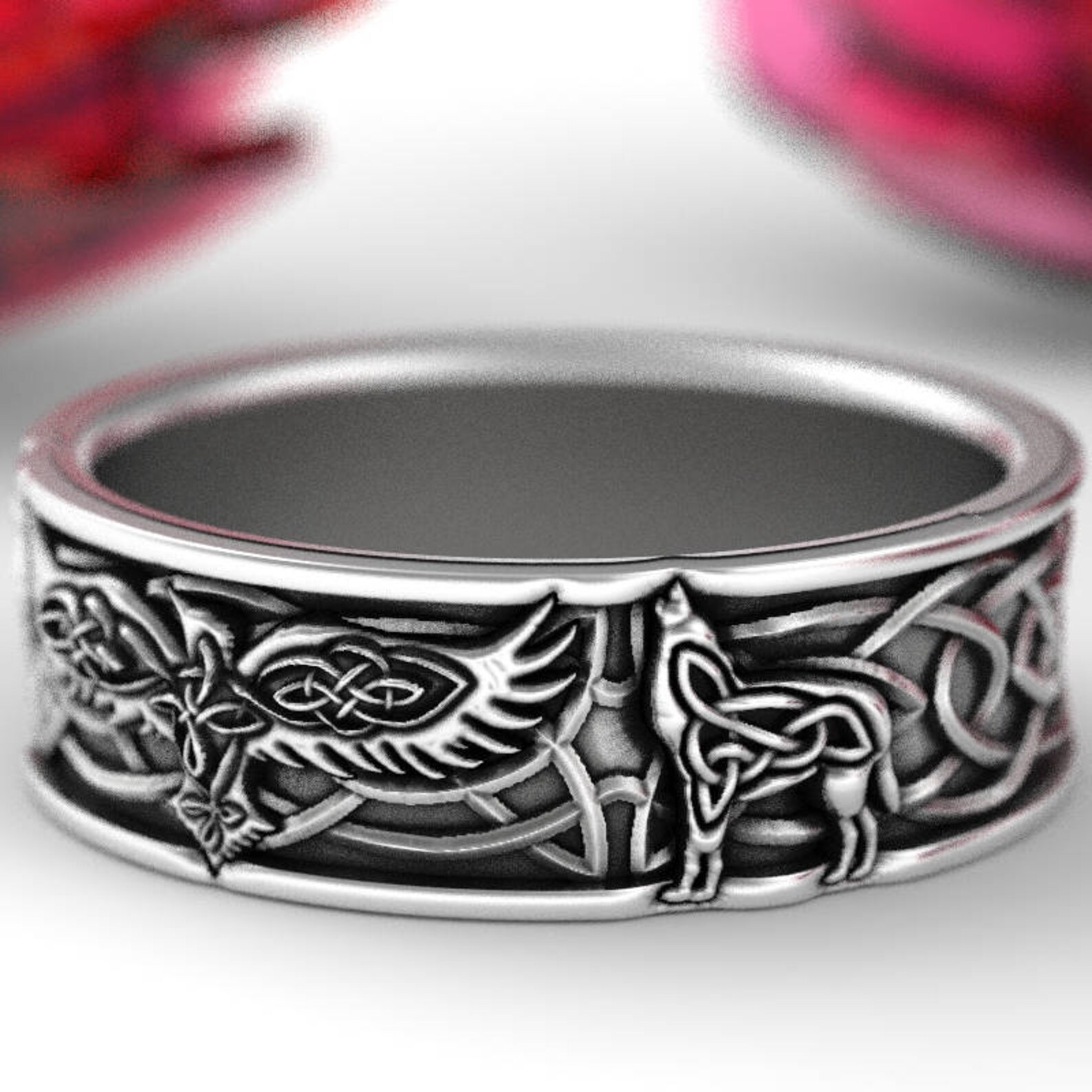 Sterling Raven & Wolf Ring Mens Wedding Band Raven Ring | Etsy