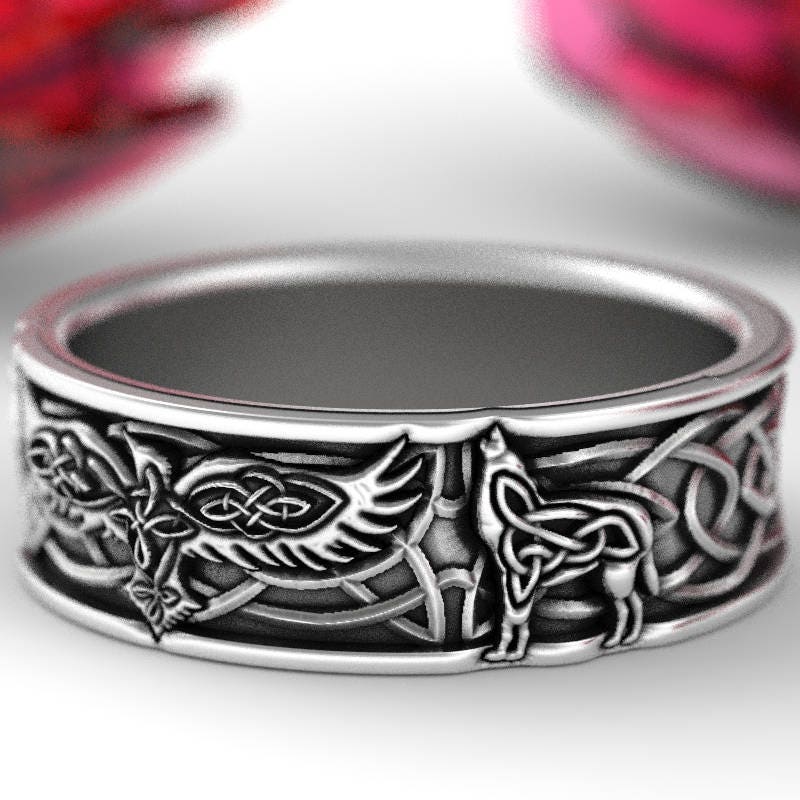Sterling Raven & Wolf Ring, Mens Wedding Band, Raven Ring, Wolf Ring ...