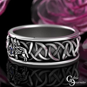 Mens Blue Sapphire Wolf Wedding Ring, Sterling Silver Nordic Wolves ...