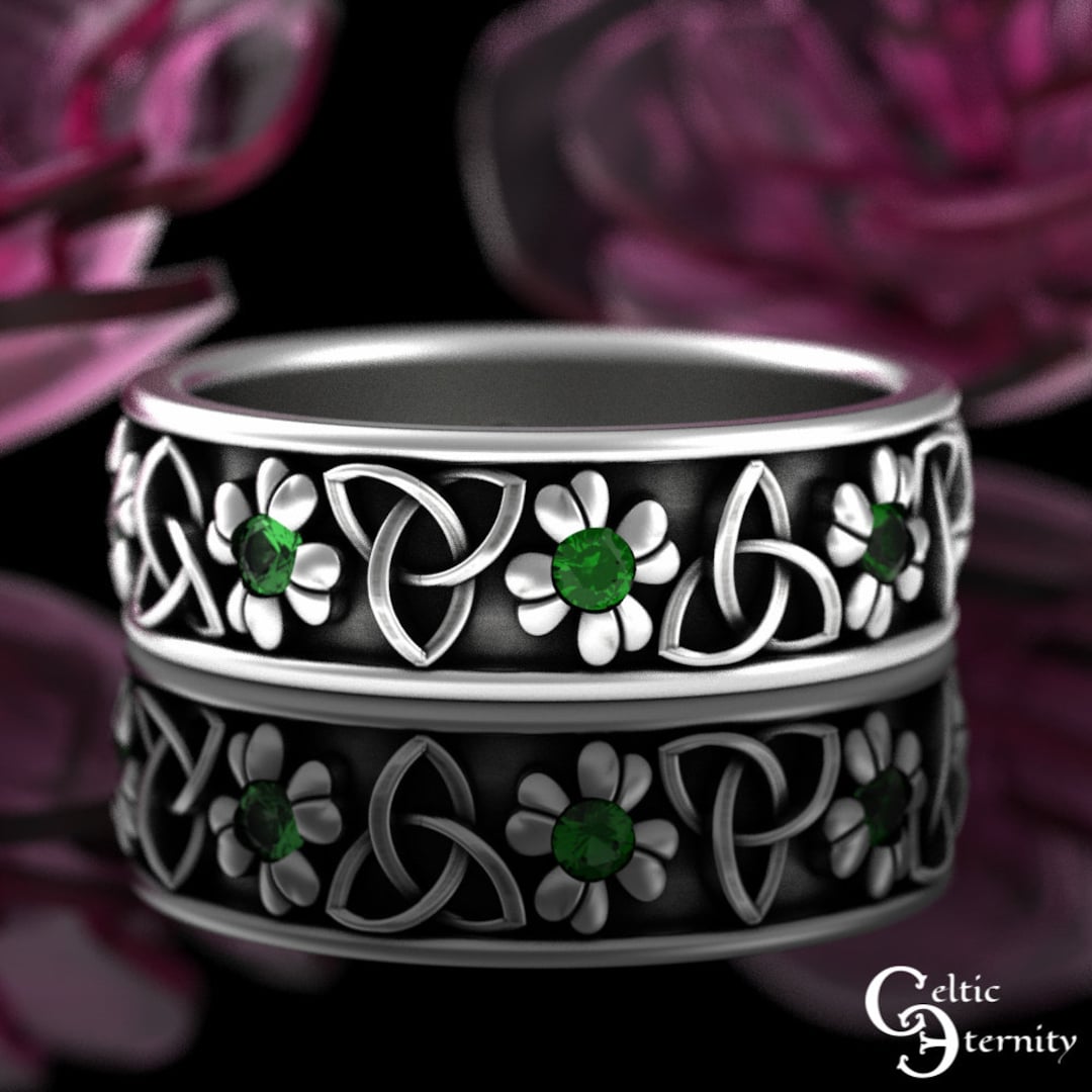Mens Emerald Irish Four Leaf Clover Ring, Sterling Celtic Trinity ...
