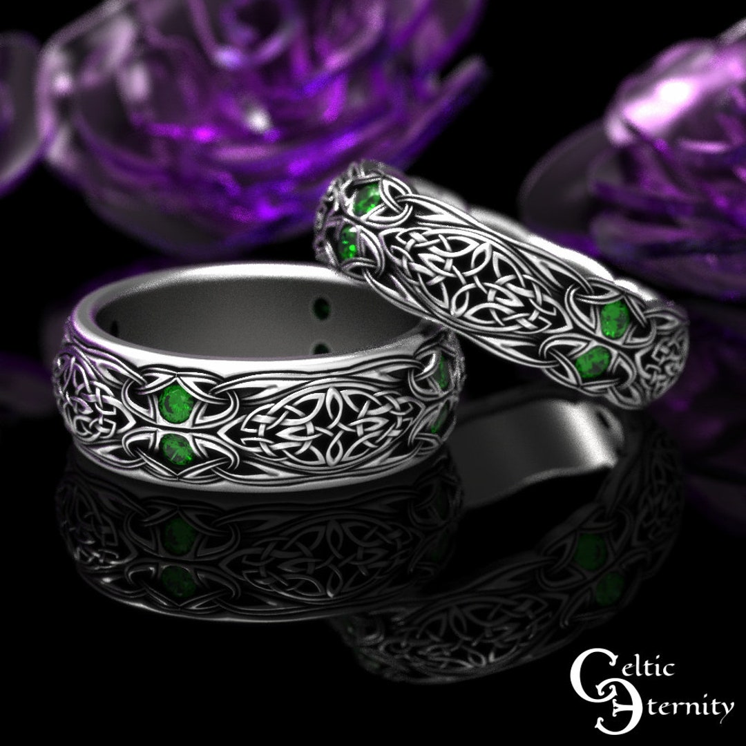 Matching Emerald Ring Set, Sterling Celtic Wedding Ring Set, Celtic ...