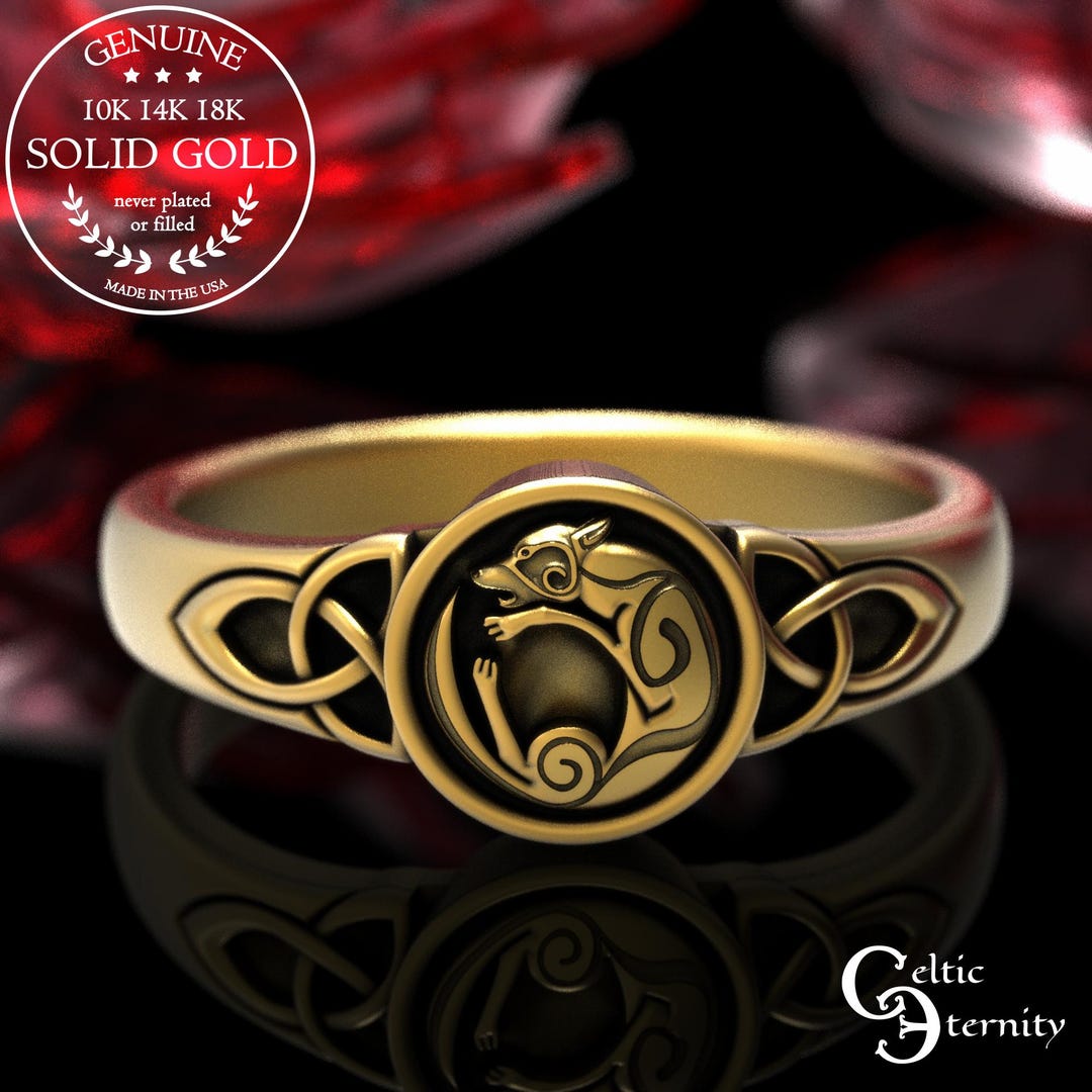 10K Gold Wolf Signet Ring, 14K Norse Fenrir Ring, 18K Wolfhound Ring ...