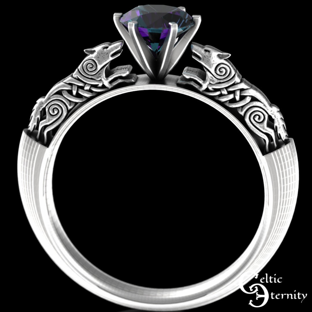 Alexandrite Wolves Bridal Ring, Viking Wolf Engagement Ring, Sterling ...