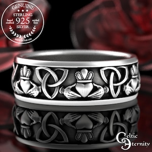 Silver Claddagh Celtic Ring, Scottish Heart Trinity Ring, Sterling Irish Wedding Ring, Mens ...