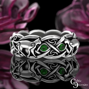 Matching Emerald Cat Ring Set, Sterling Silver Kitty Wedding Band Set ...