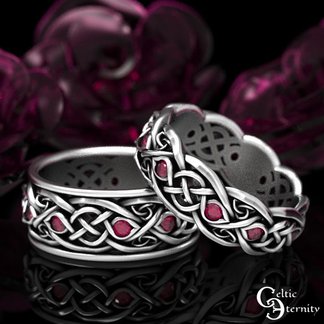 Infinity Wedding Ring Set, Matching Ruby Wedding Rings, Sterling Silver ...