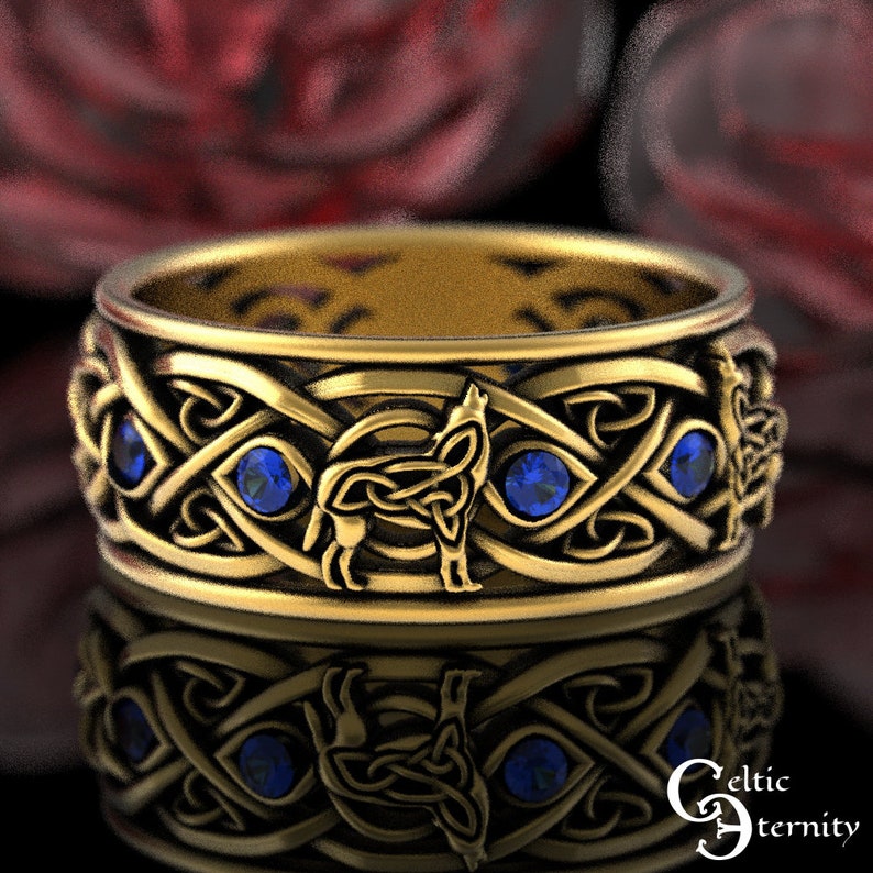 Sapphire Howling Wolf Ring, Gold Wolf Wedding Band, Mens Gold Wolf ...
