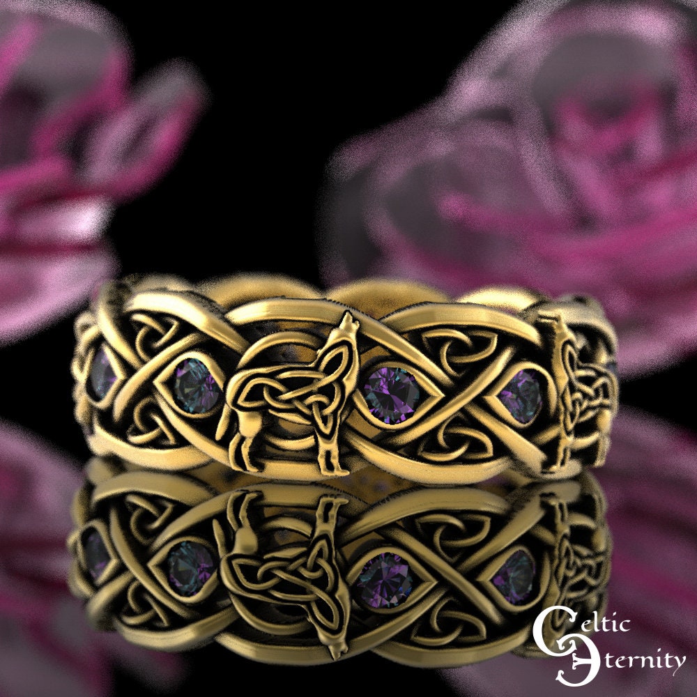 Alexandrite Womens Wolf Ring, Gold Nordic Wedding Band, 10K Alexandrite ...