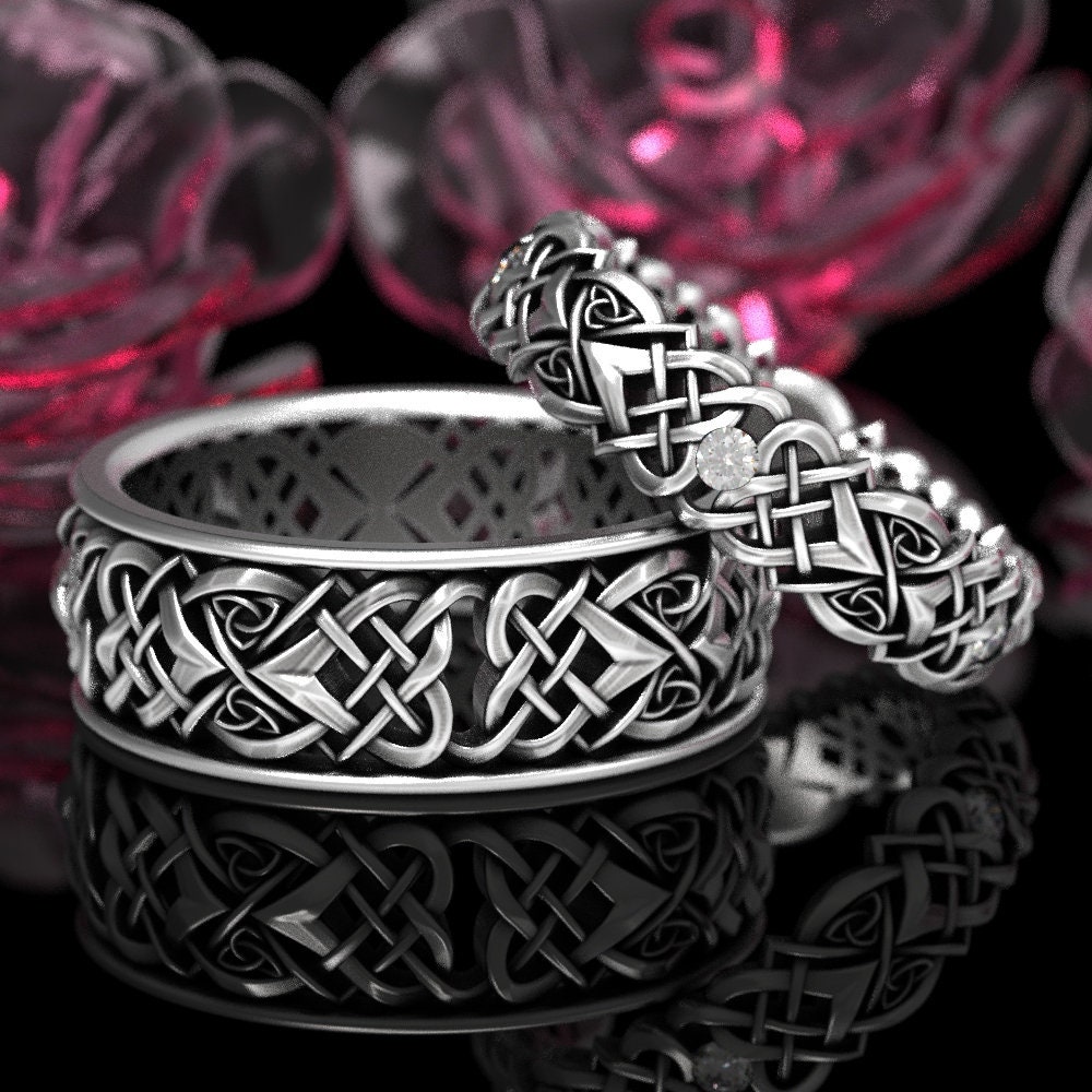 Celtic Knot Moissanite Wedding Ring Set. Matching Celtic Heart Knot ...