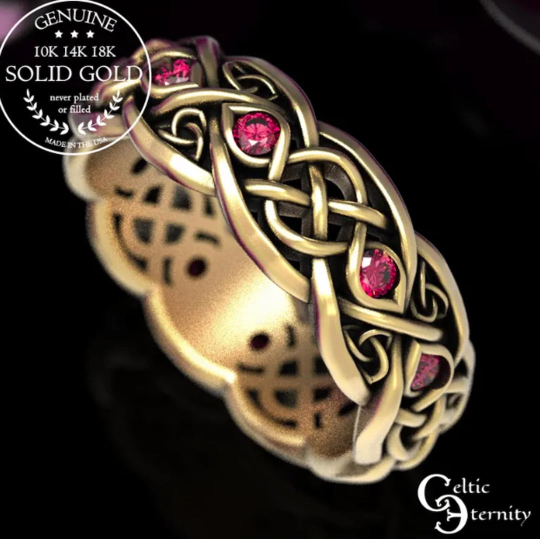 Gold Ruby Traditional Irish Wedding Band, 10K Scottish Wedding Vow Ring ...