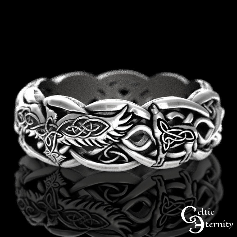 Silver Raven & Wolves Wedding Ring, Wolf Raven Wedding Band, Sterling ...