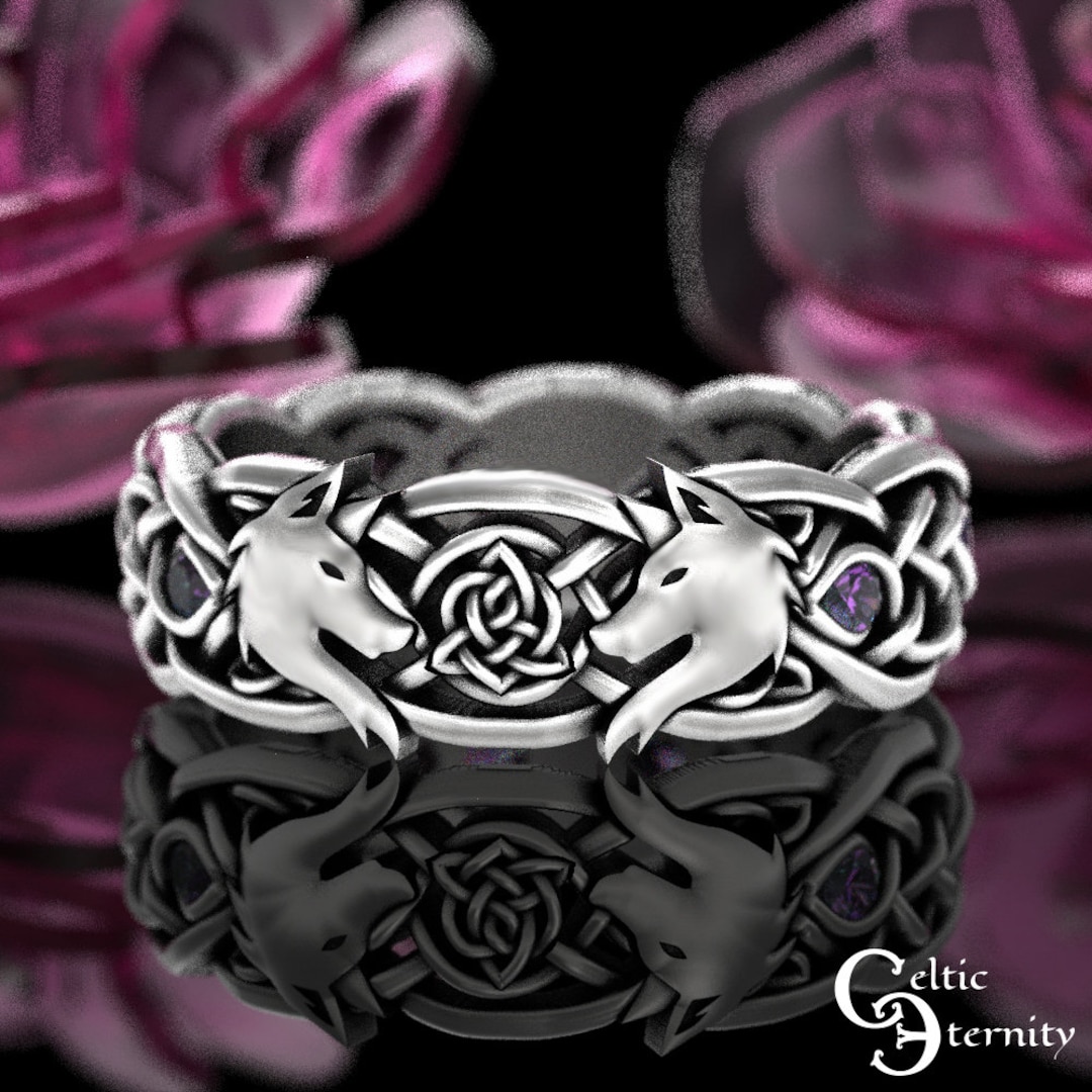 Women Wolf Alexandrite Ring, Sterling Silver Celtic Wolf Wedding Ring, Silver Irish Wolf Ring ...