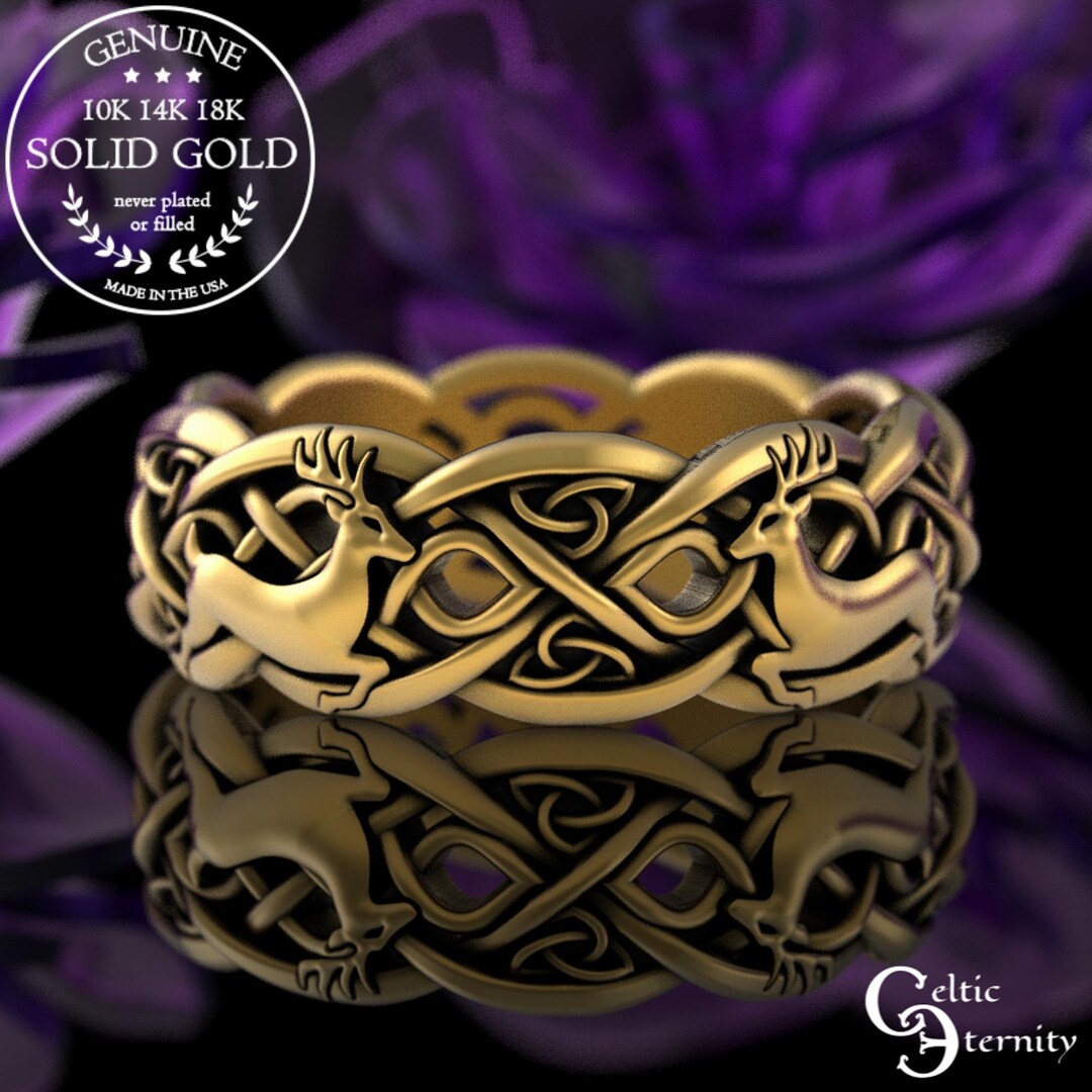 Womens Gold Deer Ring, 10K Celtic Stag Wedding Band, 14K Irish Deer ...