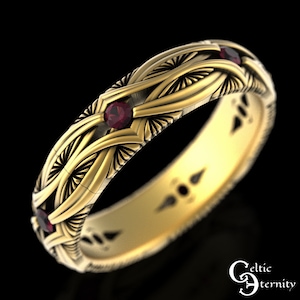 10K Gold Ruby Wedding Ring, Gold Celtic Wedding Band, 10K Celtic Ruby Ring, White Gold Ruby ...