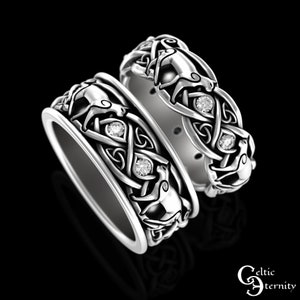 10K 14K Gold Cat Matching Wedding Bands, White Gold Feline His Hers ...