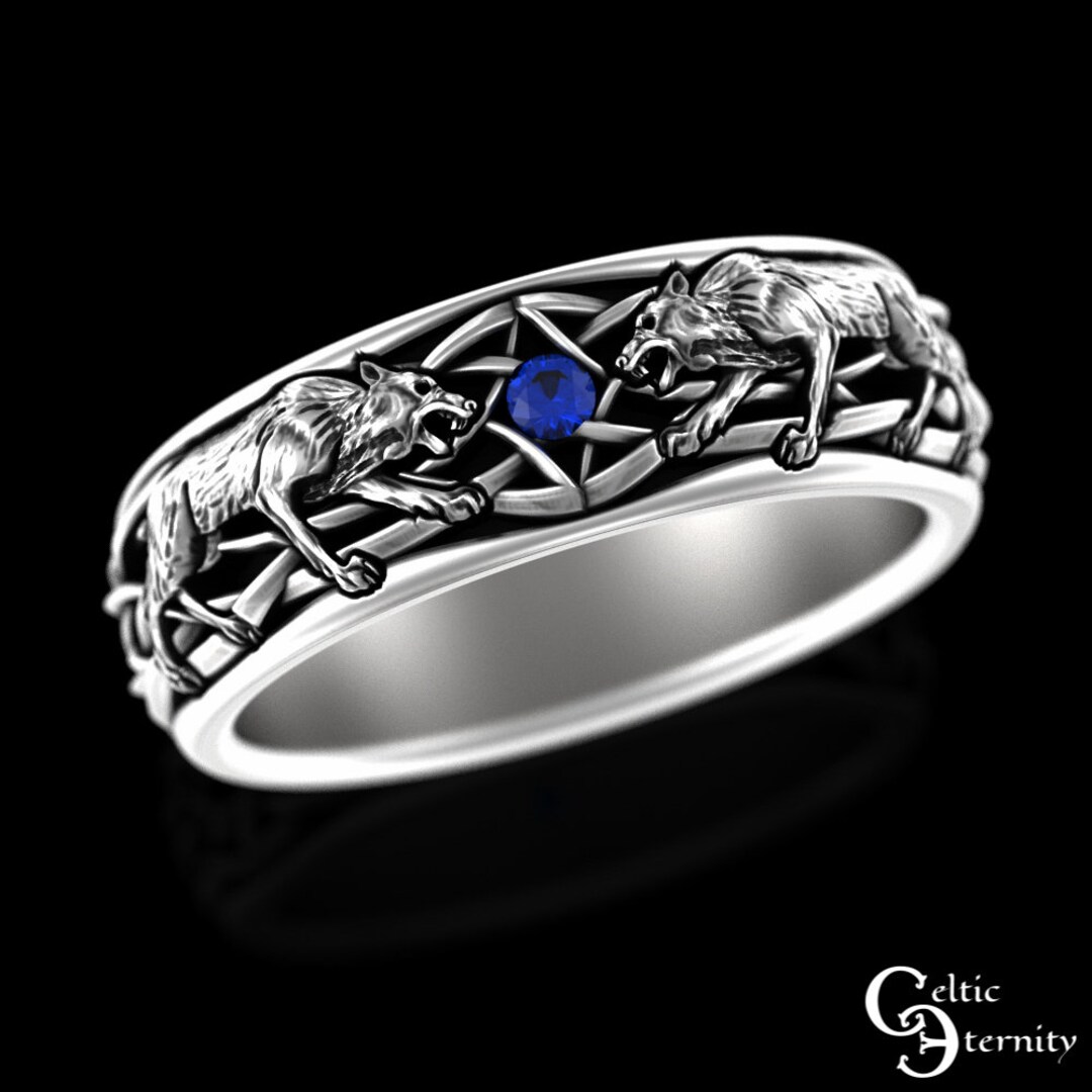 Sapphire Silver Direwolf Ring, Sterling Men Wolves Ring, Silver Viking Wolf Ring, Groom Wedding ...