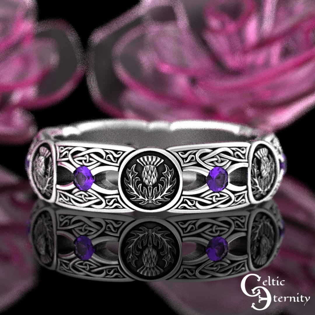 Amethyst Thistle Wedding Ring, Sterling Womens Wedding Ring, Amethyst Scottish Thistle Ring ...