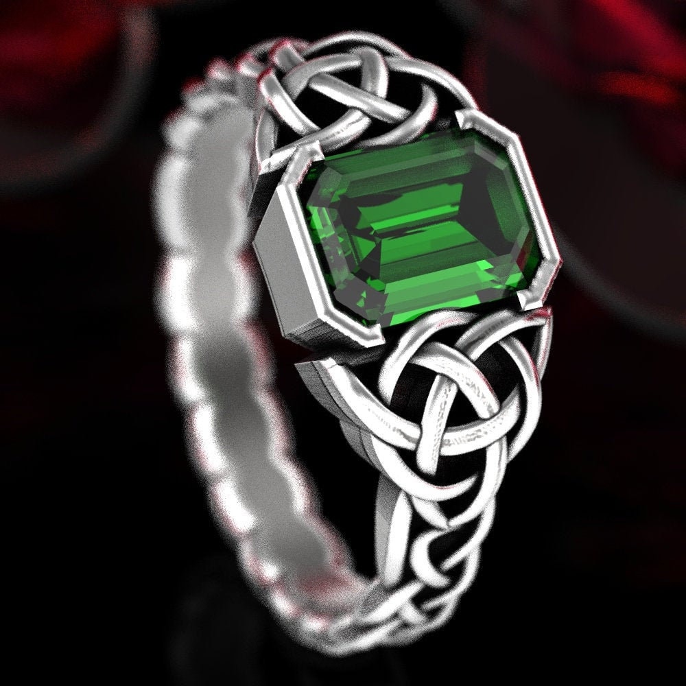 Celtic Engagement Ring, Emerald & Sterling Wedding Ring, Unique ...