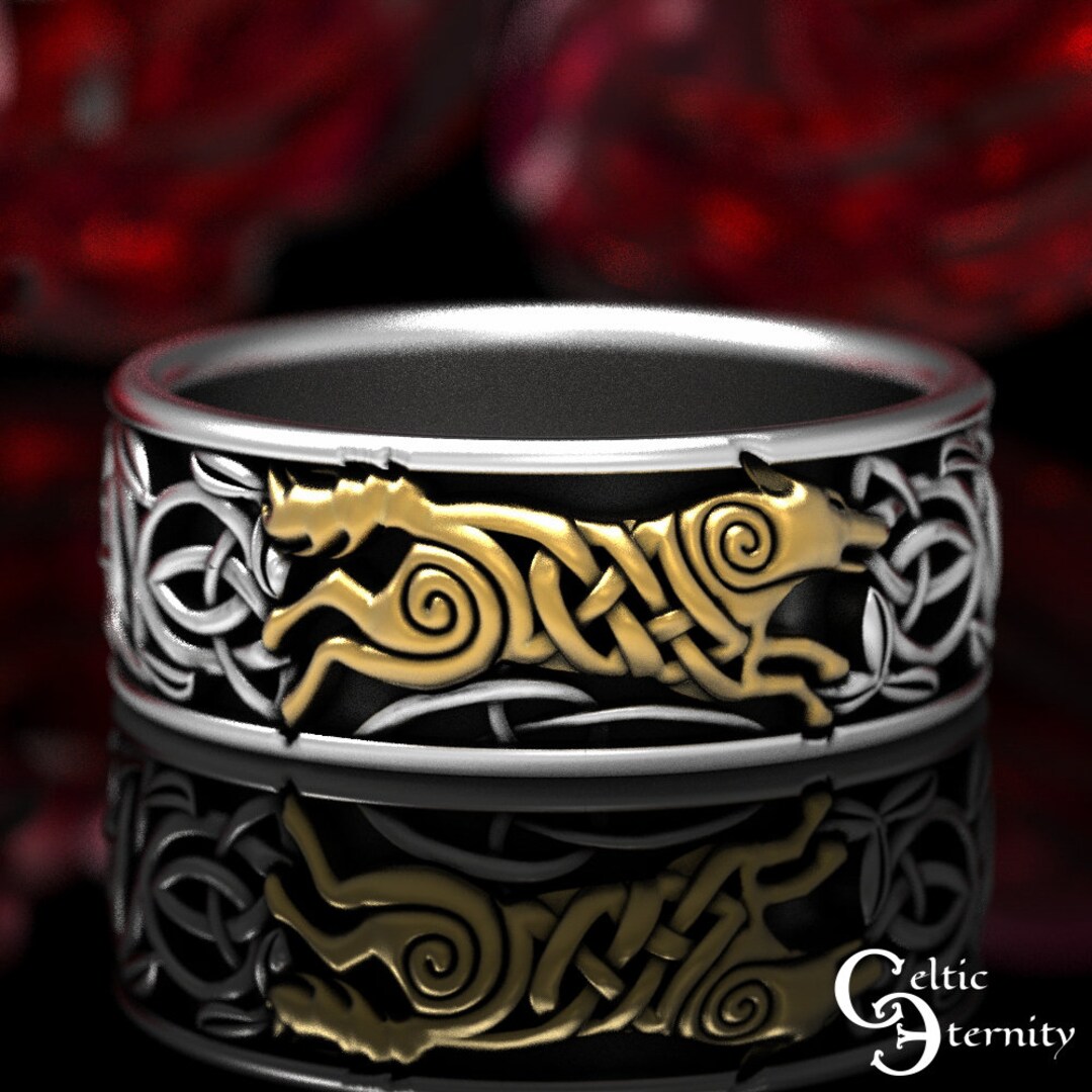2-tone Sterling & 10K Gold Celtic Wolf Ring Mens Wolf Wedding - Etsy