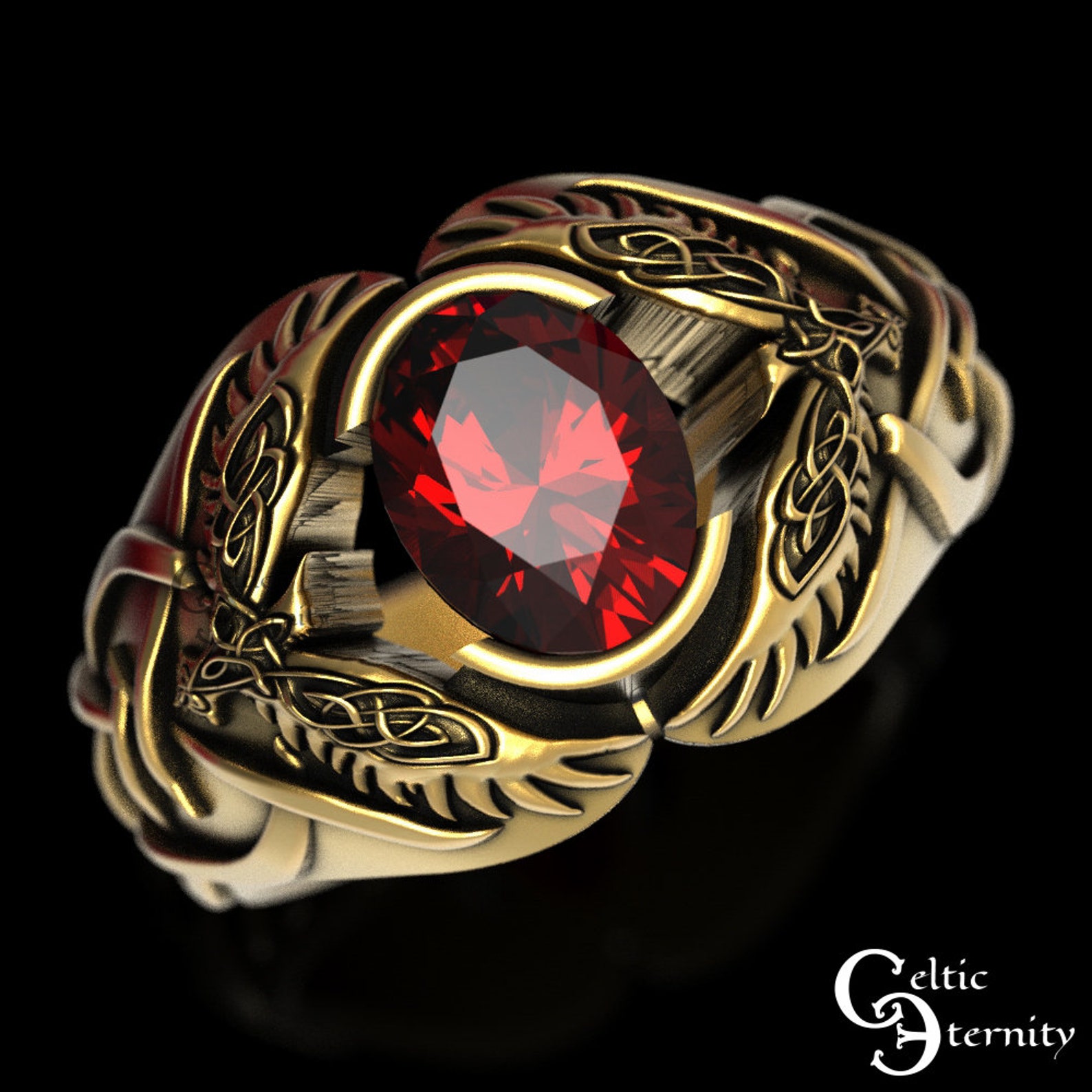 Odin Raven Ring, Mens Gold Raven Ring, Ruby Celtic Ring, Men Viking ...