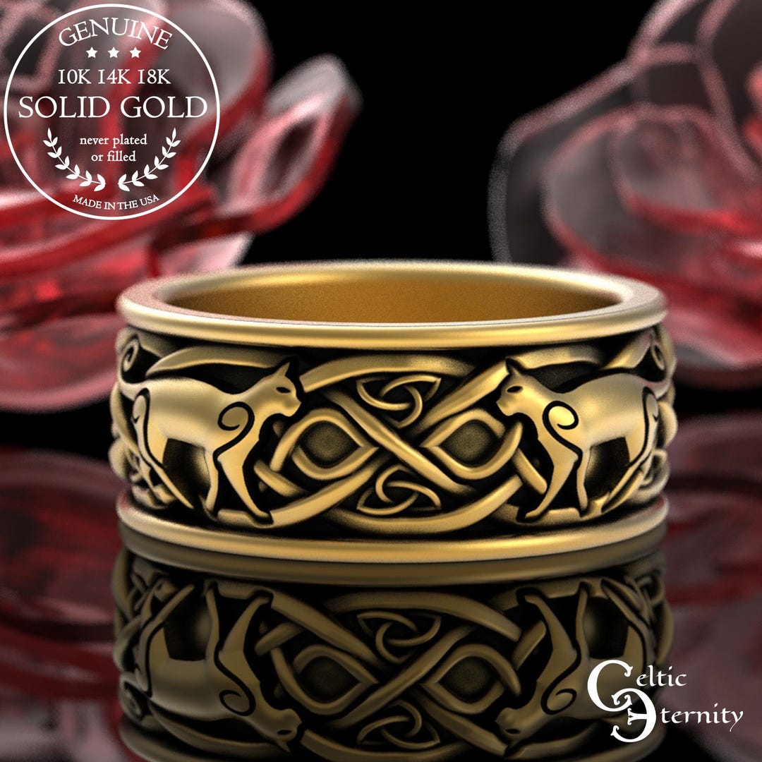 18K Solid Gold Men's Cat Love Ring, Gold Tomcat Wedding Ring, 10K ...