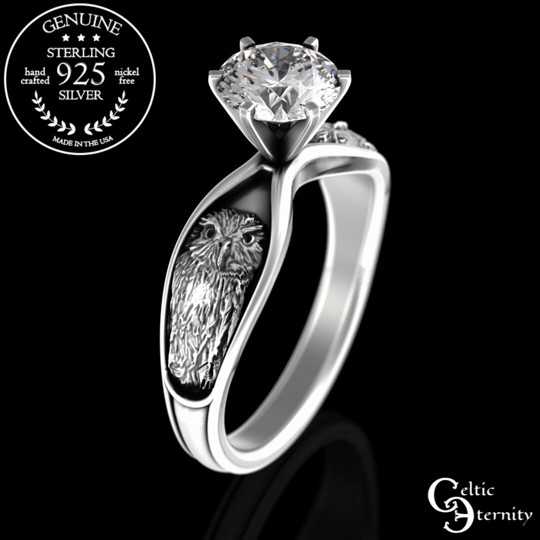 1 Carat Owl Solitaire Engagement Ring, Sterling & Moissanite Barn Owl ...