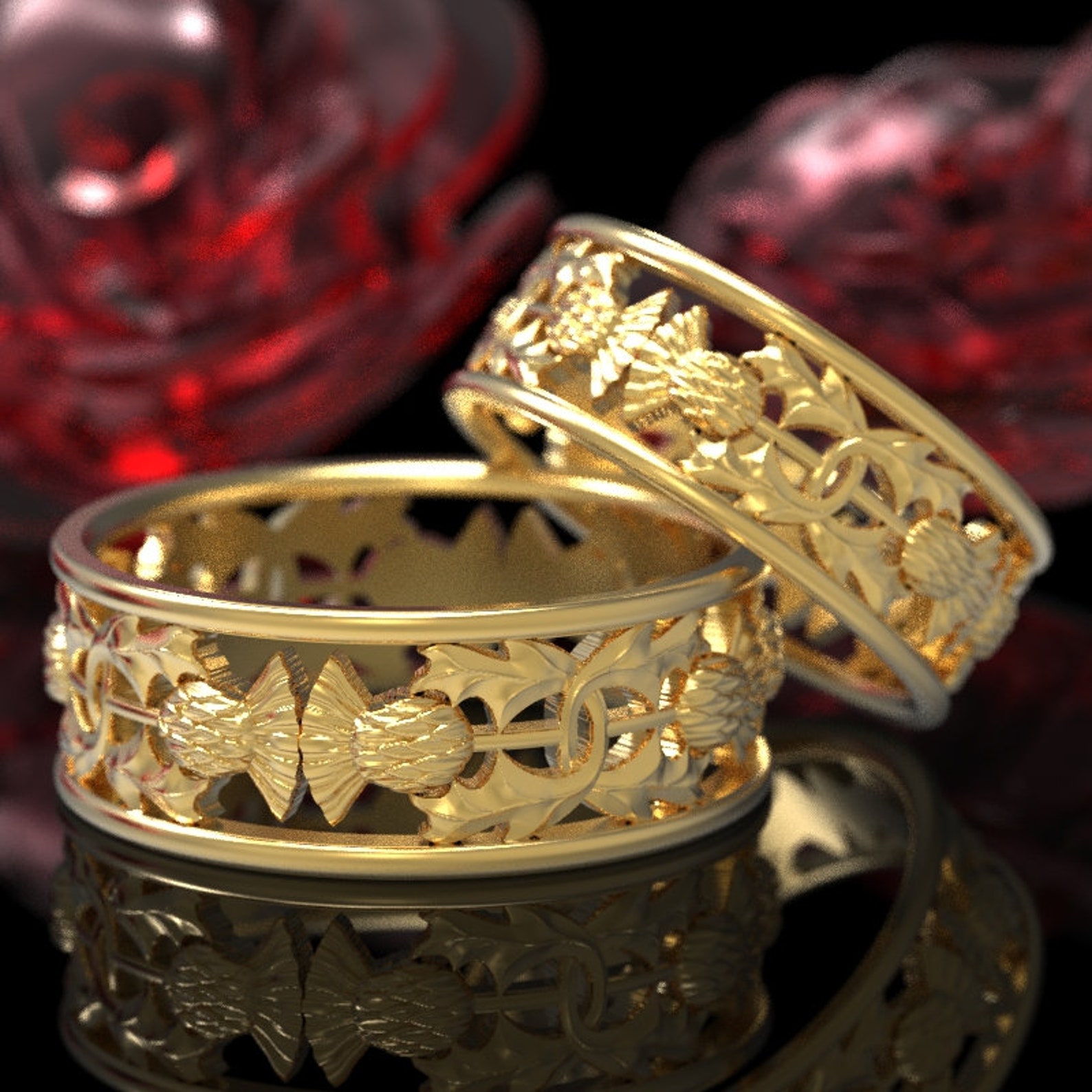 Thistle Ring Set of 2 Gold Rings 10K 14K or 18K Scottish | Etsy