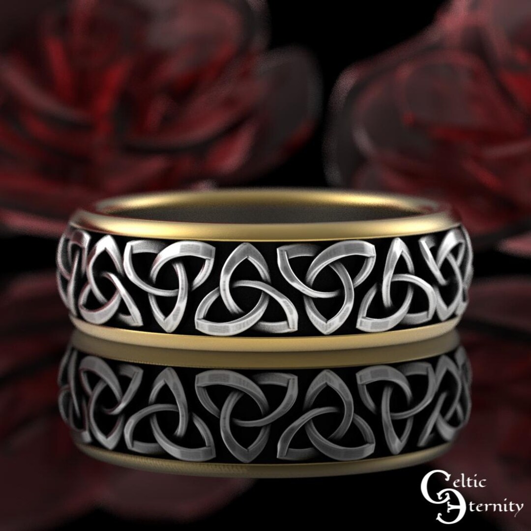 2-tone Classic Irish Groom Knotwork Ring, Sterling + 10K Gold Trinity ...
