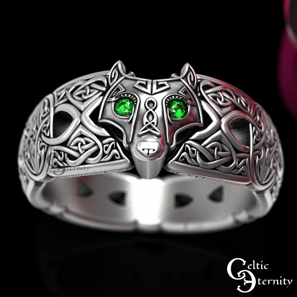 Celtic Wolf Ring Emerald Eye Wolf Ring Sterling Wolf Ring | Etsy