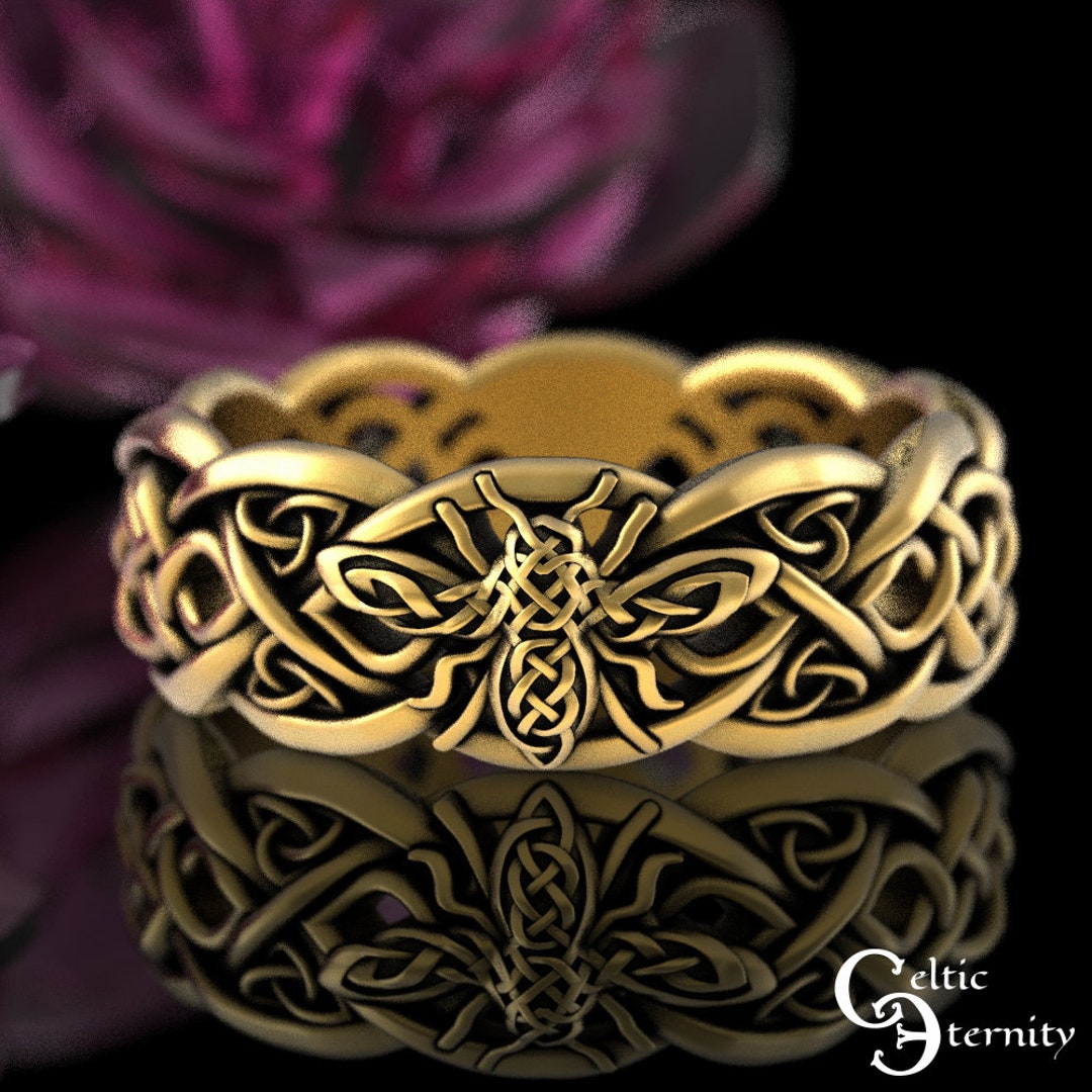 10K Gold Bee Ring, 14K Celtic Bee Ring, Gold Honeybee Ring, Queen Bee ...