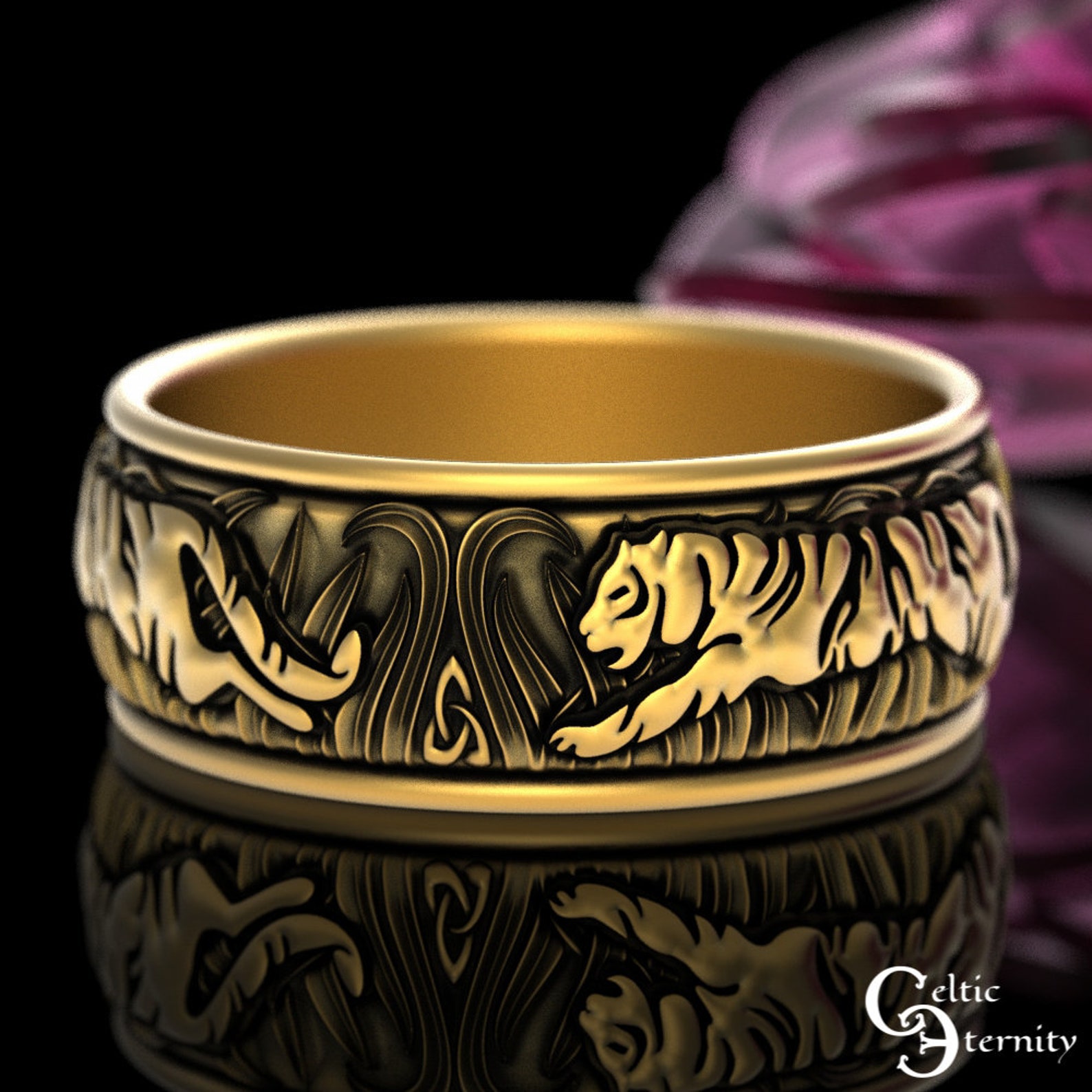 Mens Gold Tiger Ring, 10K Gold Tiger Wedding Band, 14K Mens Wedding ...