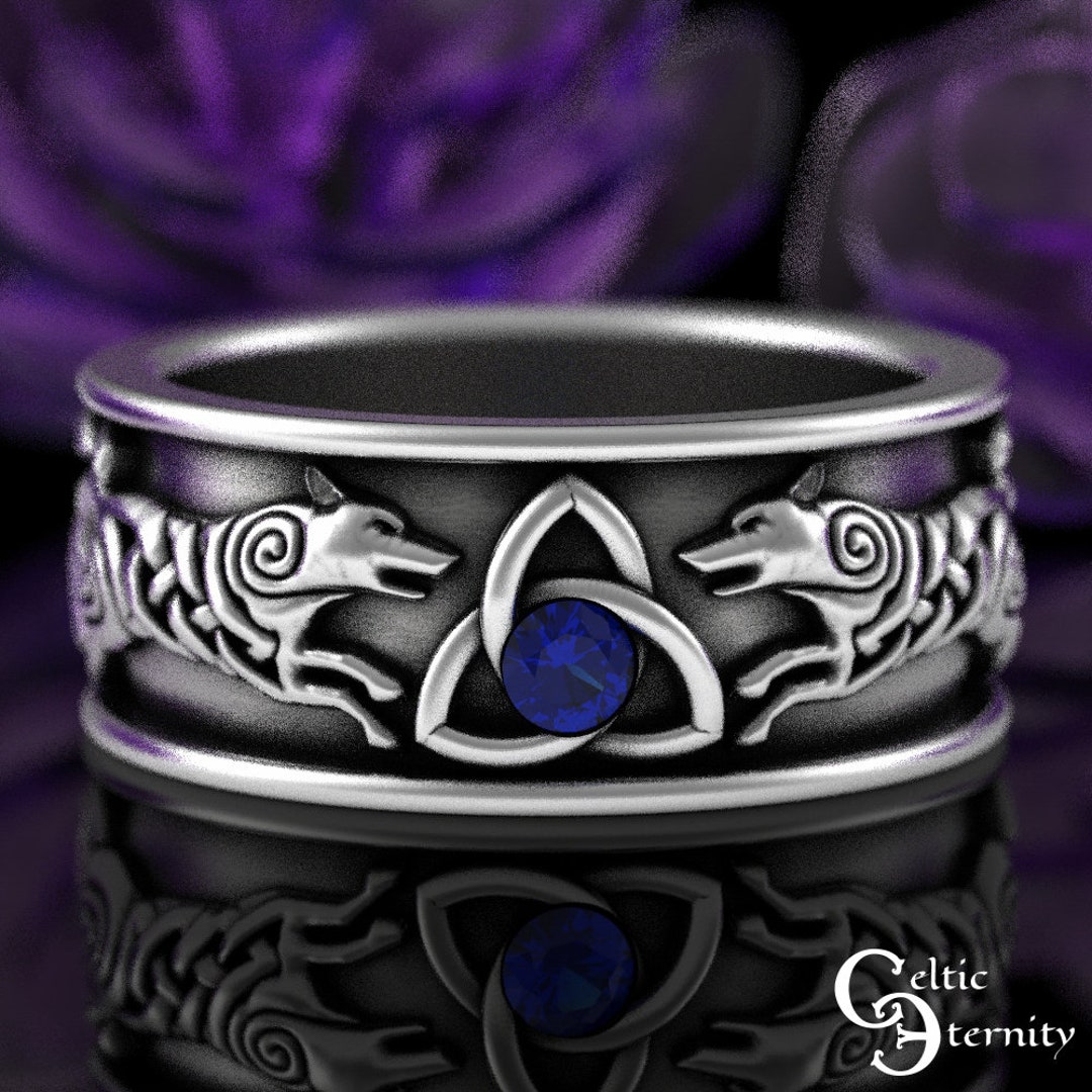 Blue Sapphire Wolf Ring, Sterling Wolf Celtic Ring, Running Wolves ...