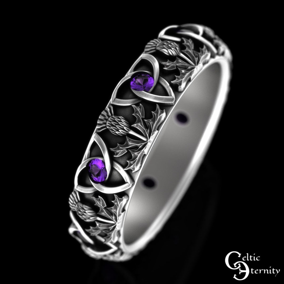 Amethyst Thistle Wedding Band, Sterling Silver Womens Knotwork Ring, Celtic Purple Trinity Knot ...