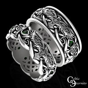 Matching Emerald Raven Wolf Ring Set, His Hers Sterling Celtic Matching ...