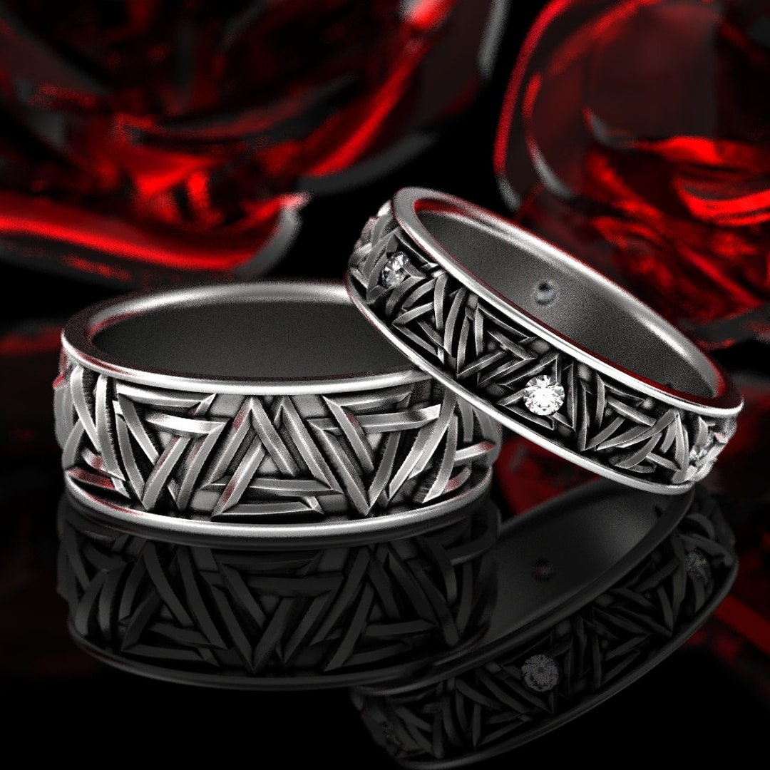 Sterling Silver Valknut Knot Ring Wedding Set, Moissanite Valknut Ring ...