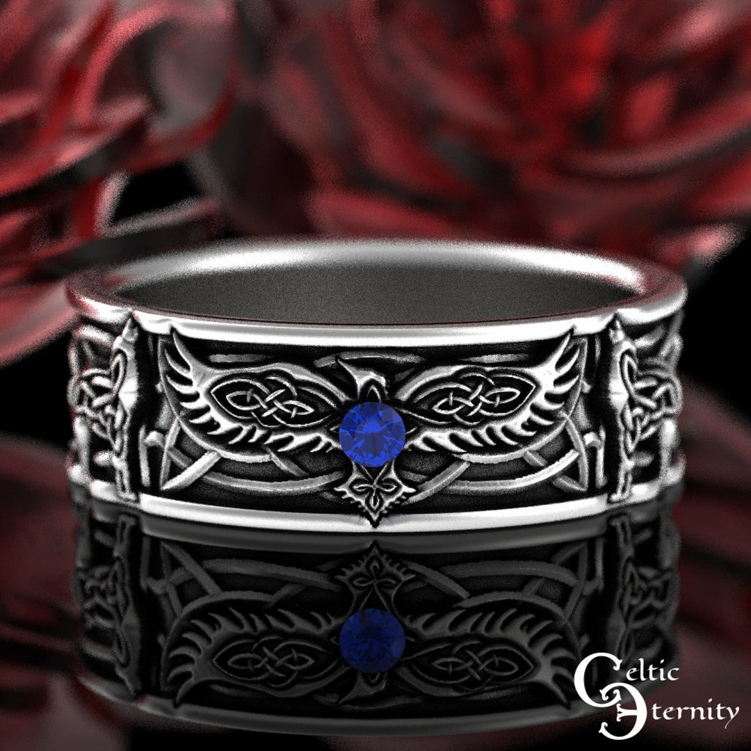 Mens Sapphire Raven Ring, 2 Wolves & Raven Wedding Band, Sterling ...