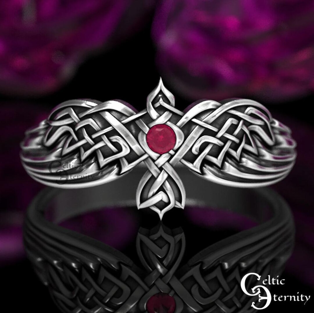 Sterling Silver and Ruby Raven Ring, Flying Corvid Wedding Ring, Woman ...