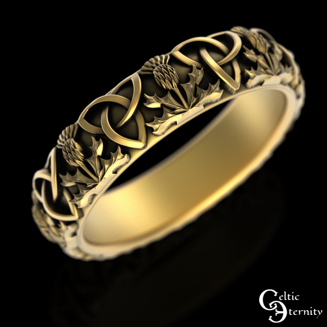 10K Gold Scottish Wedding Band, 14K Womens Thistle Ring, Gold Scottish Thistle Ring, Gold ...