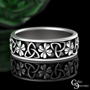 Mens Gold 4 Leaf Clover & Irish Trinity Ring, 14K Celtic Clover Wedding ...