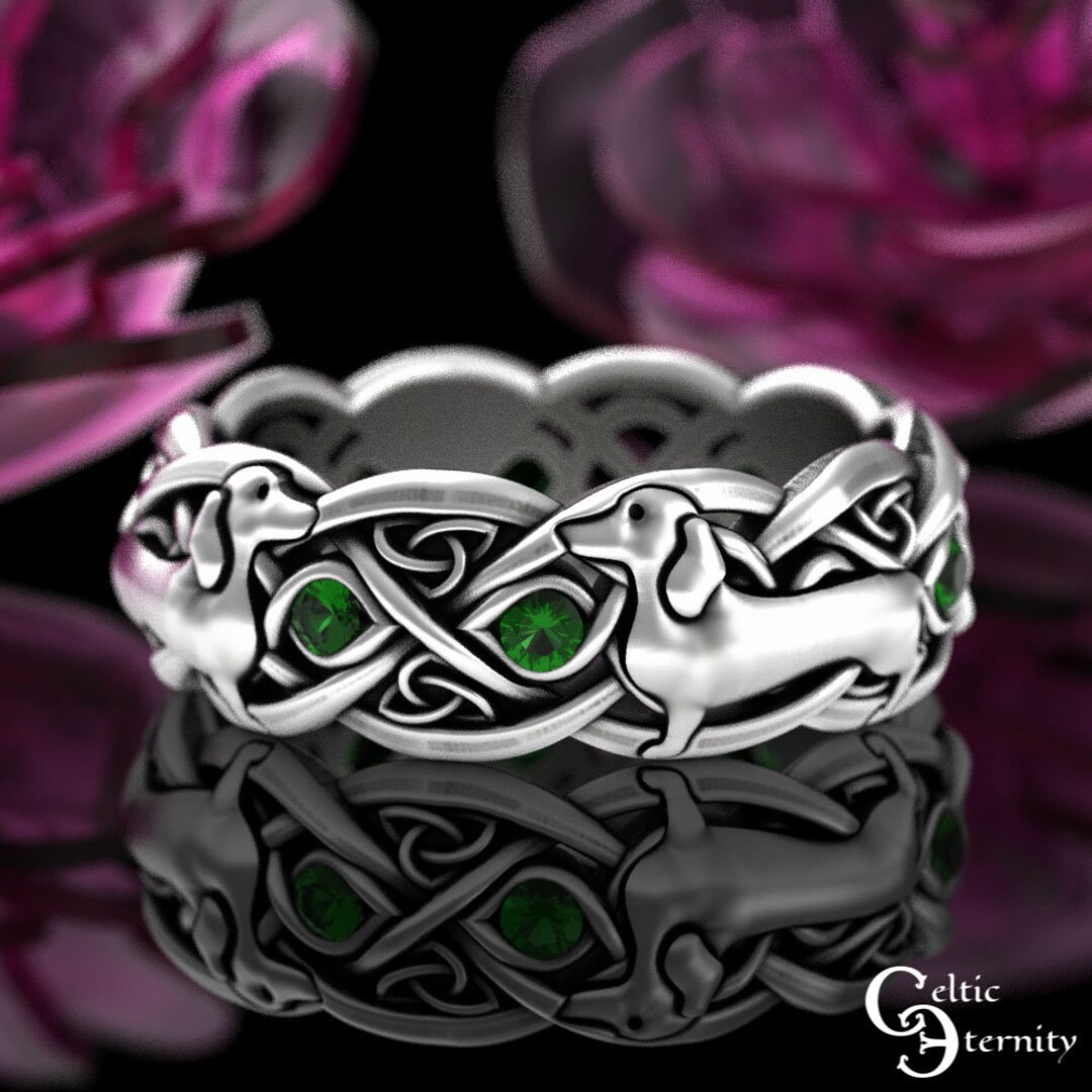 Emerald Dachshund Ring, Sterling Silver Dog Ring, Celtic Emerald Dog ...
