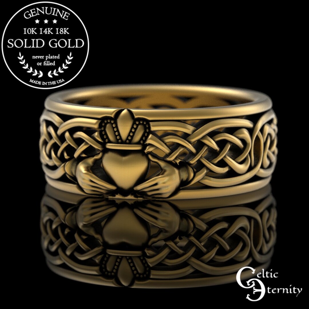 Grooms 10K Gold Claddagh Ring With Celtic Knotwork, 14K 18K Men's Irish ...