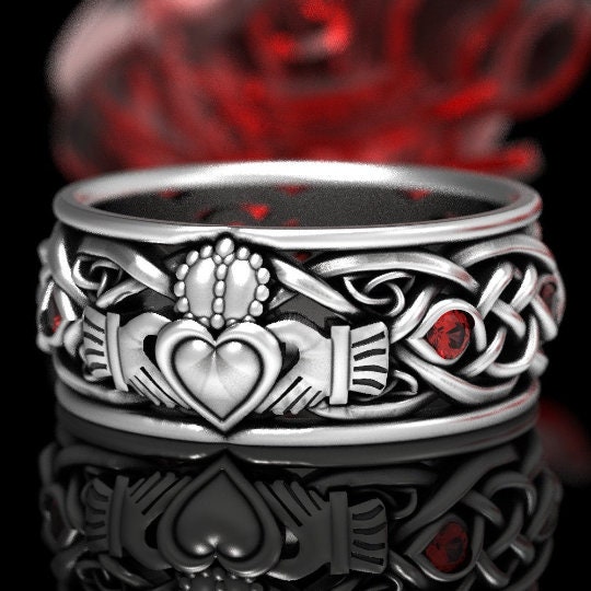 Mens Sterling Silver Celtic Claddagh Ring with Ruby, Modern Claddagh ...