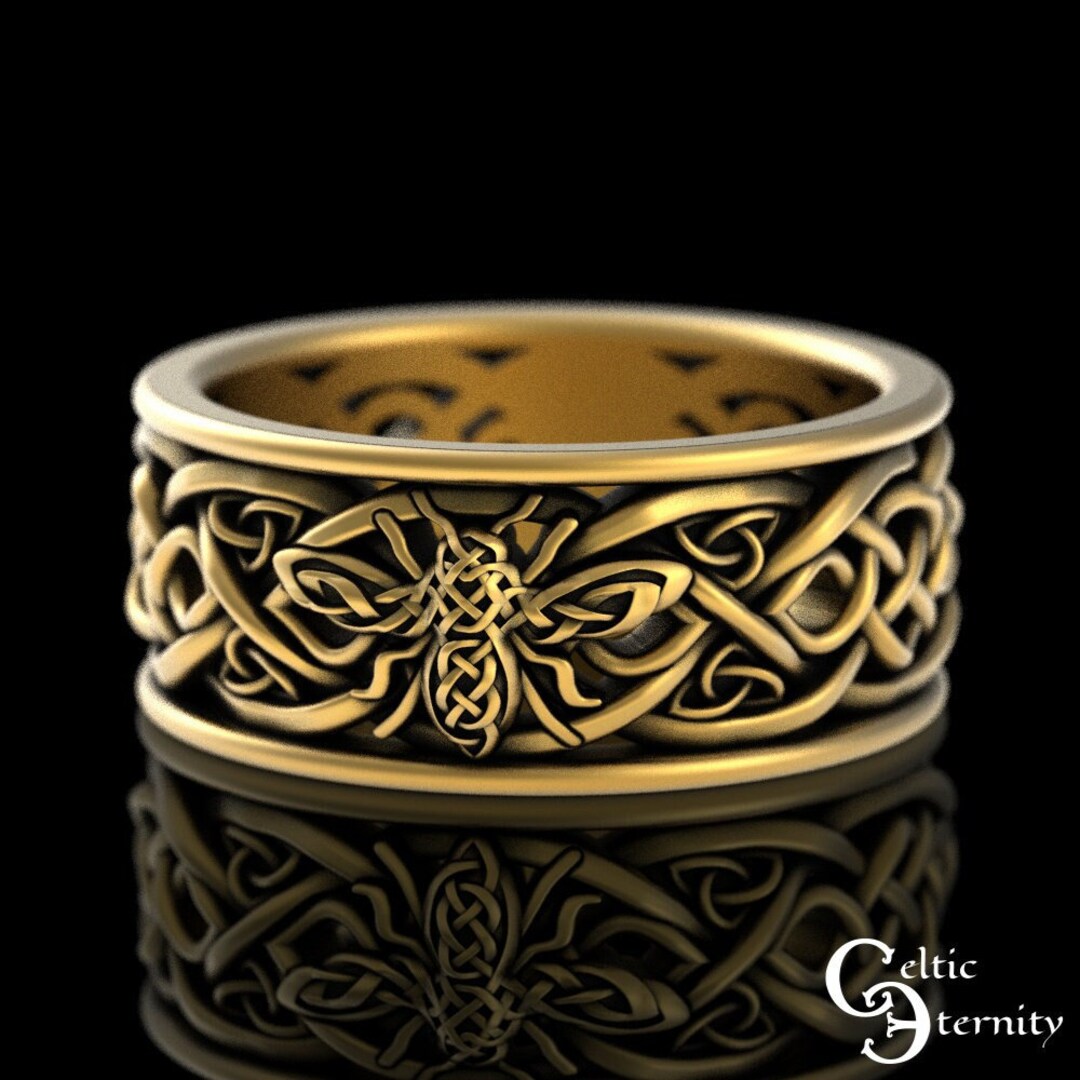 Mens 10K Gold Bee Wedding Band, Irish Bee Wedding Ring, 14K Honeybee ...