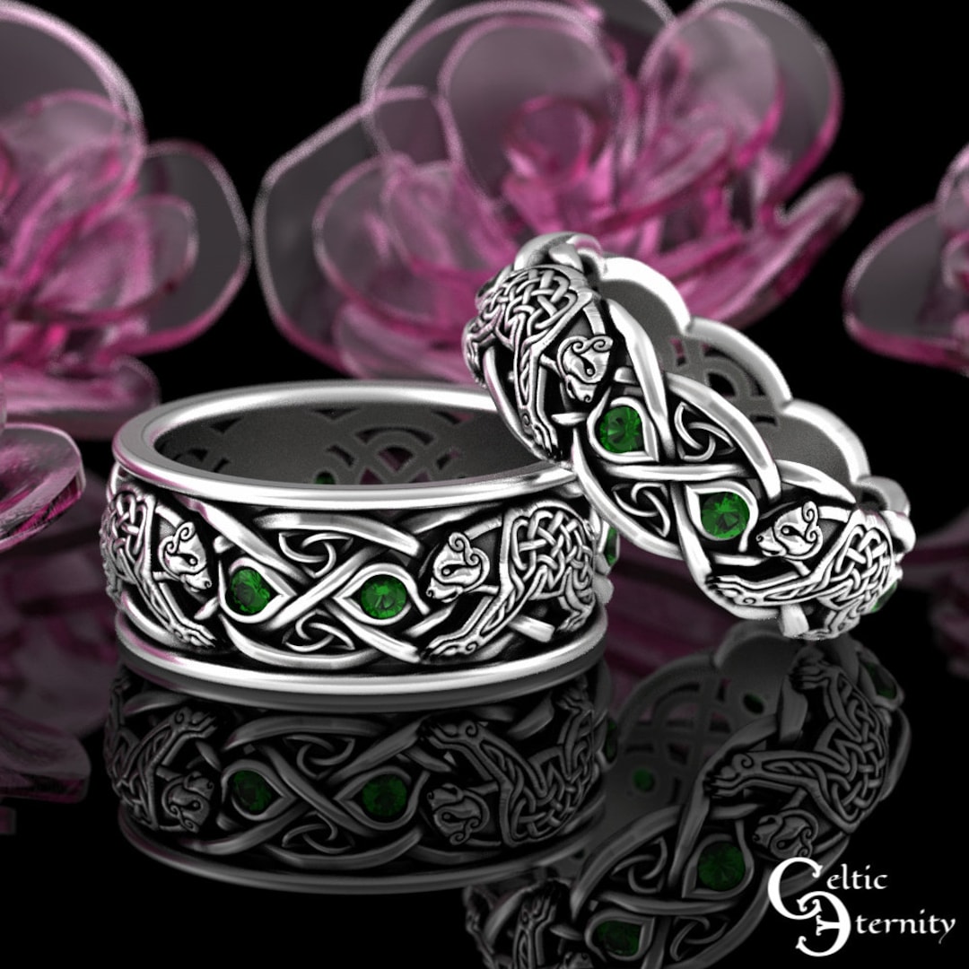 His Hers Nordic Viking Wedding Bands, Sterling Emerald Bear Rings ...