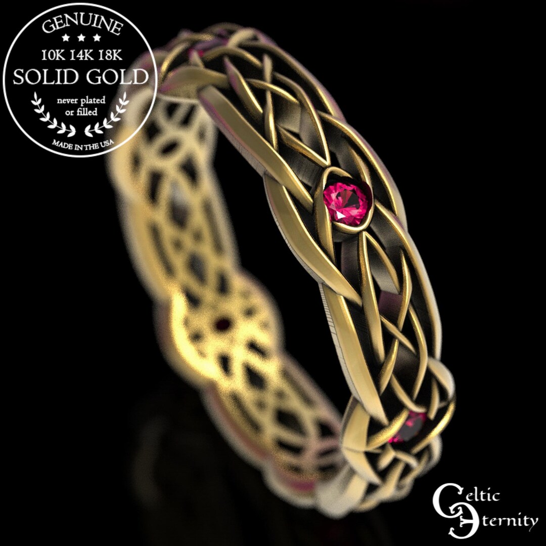 Gold Celtic Knot Wedding Band With Ruby, Dris-muine Infinity Knot Ring ...