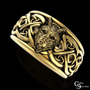 Mens Gold Viking Wolf Ring, 10K Gold Wolf Celtic Signet Ring, 14K White ...