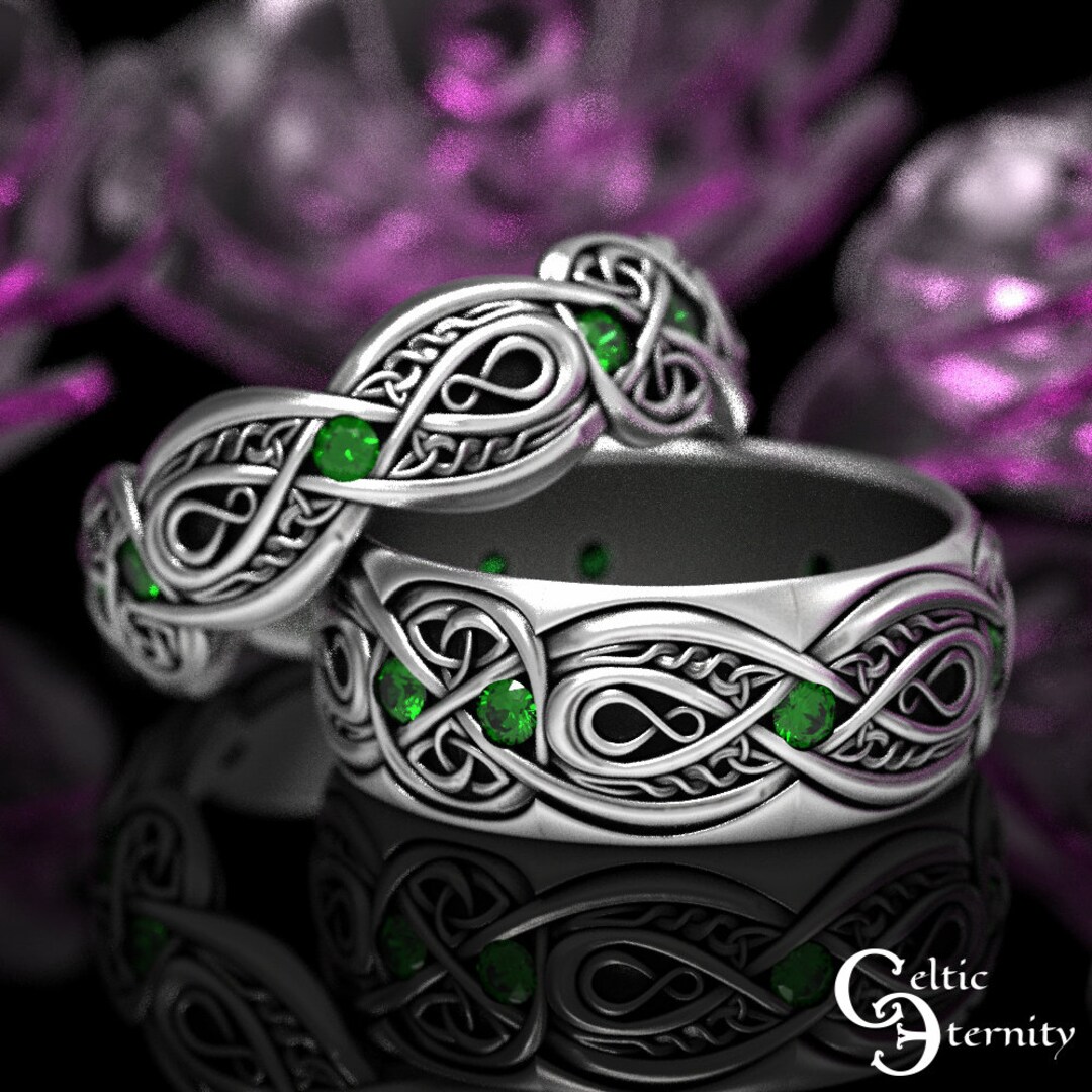 Sterling His & Hers Matching Ring Set, Emerald Infinity Celtic Ring Set ...