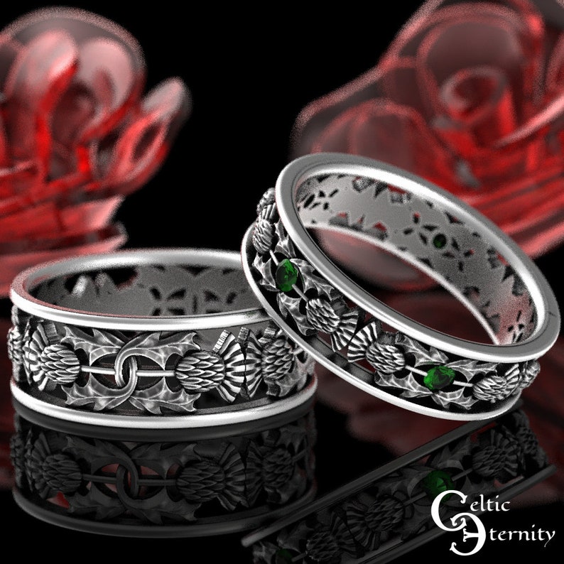 Matching Thistle Wedding Bands Sterling Emerald Celtic Ring - Etsy