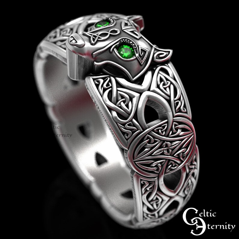 Celtic Wolf Ring Emerald Eye Wolf Ring Sterling Wolf Ring | Etsy