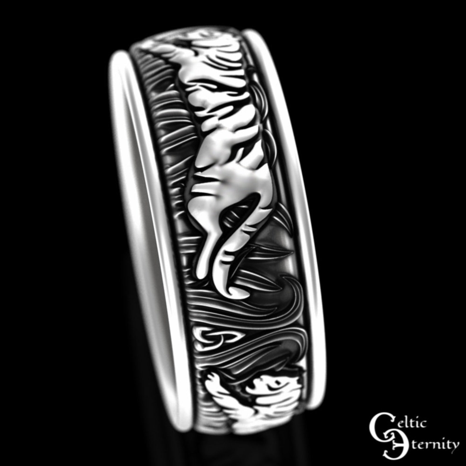 Mens Gold Tiger Ring, 10K Gold Tiger Wedding Band, 14K Mens Wedding ...